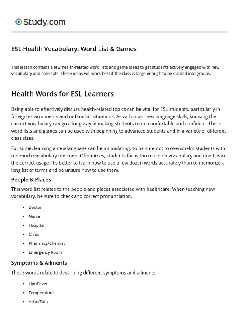 ESL Health Vocabulary - Word List & Games | PDF | Vocabulary | English ...