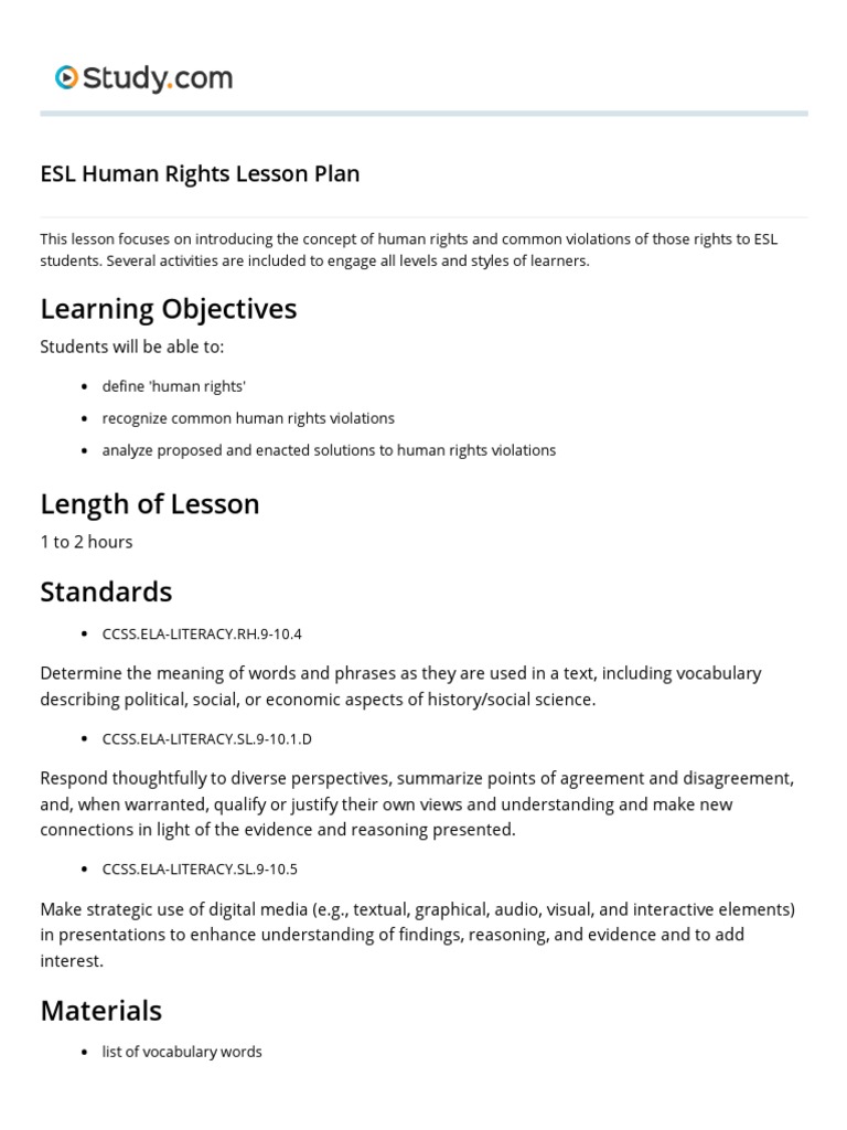 ESL Human Rights Lesson Plan | PDF | English As A Second Or Foreign ...