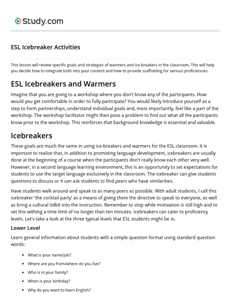 ESL Icebreaker Strategies | PDF | Question | Vocabulary