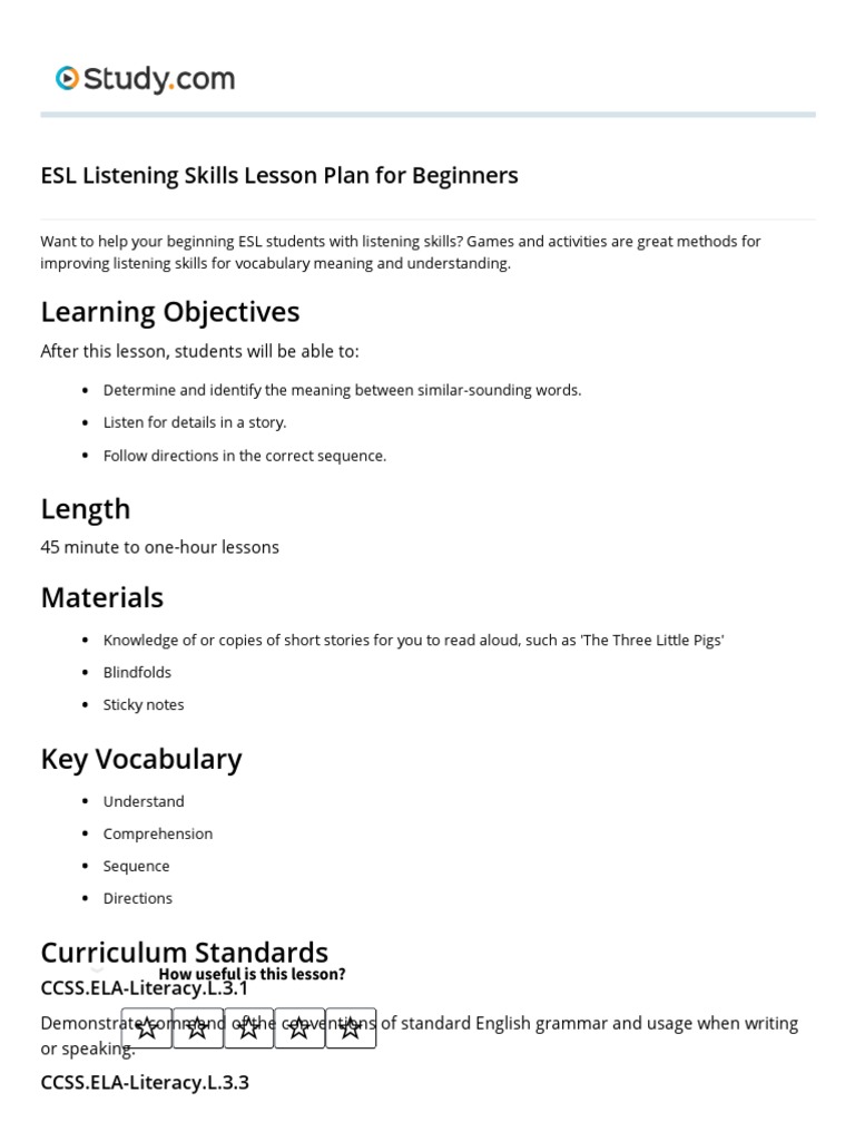 ESL Listening Skills Lesson Plan For Beginners | PDF | Vocabulary ...