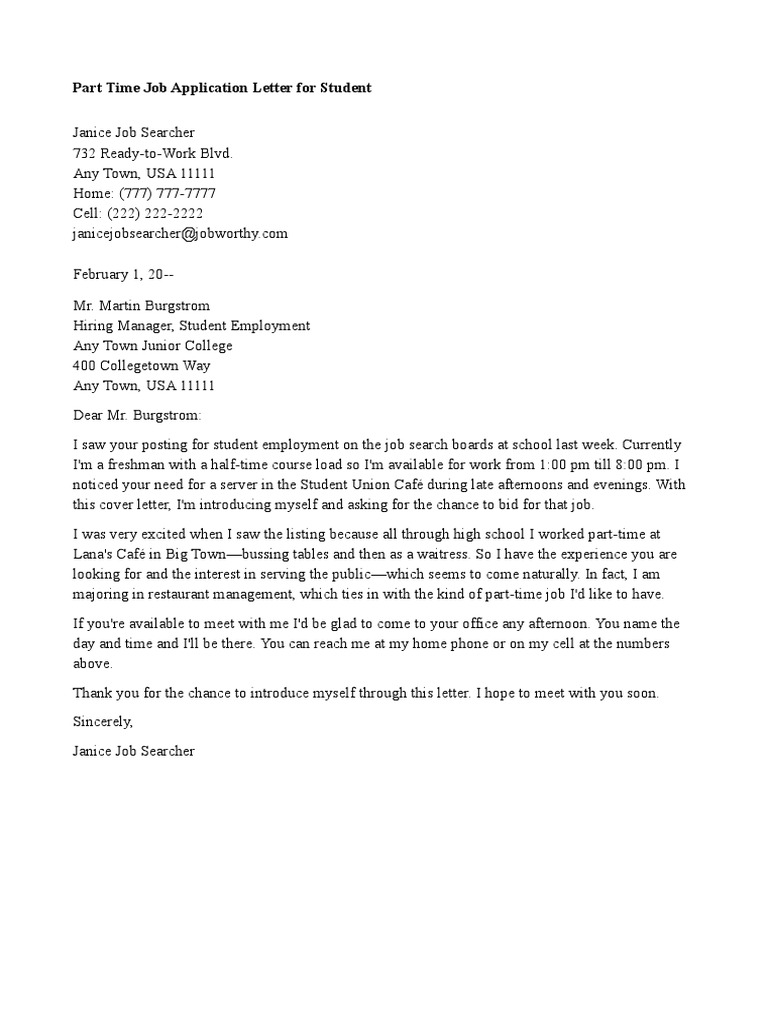 Part Time Job Application Letter For Student | PDF