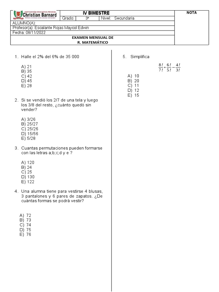 Examen Mensual de RM - 3ro de Secundaria | PDF