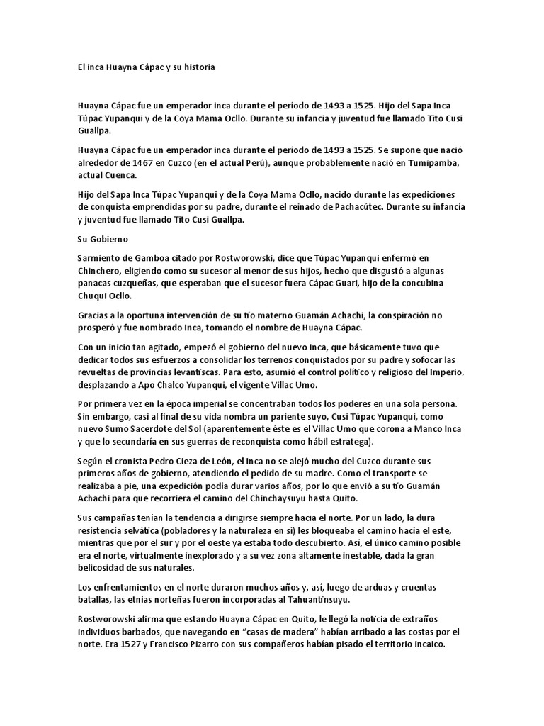 Historia de Huayna Cápac, Inca Emperador | PDF | Imperio Inca | Perú