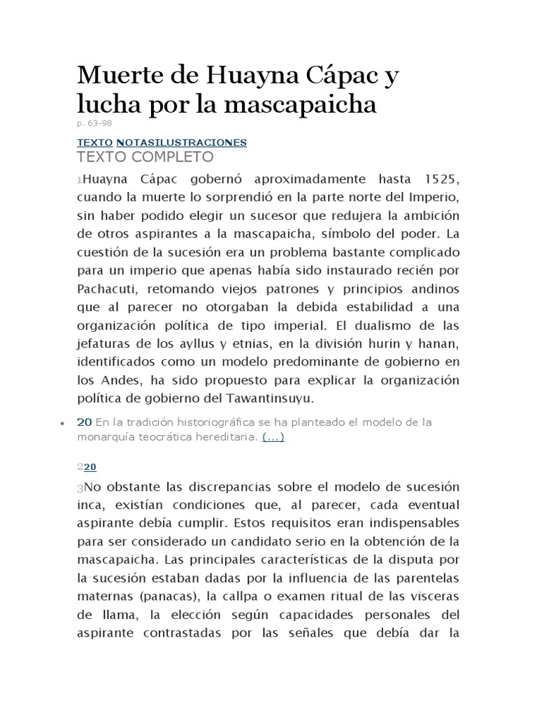 Muerte de Huayna Cápac y Lucha Por La Mascapaicha | PDF | Imperio Inca ...