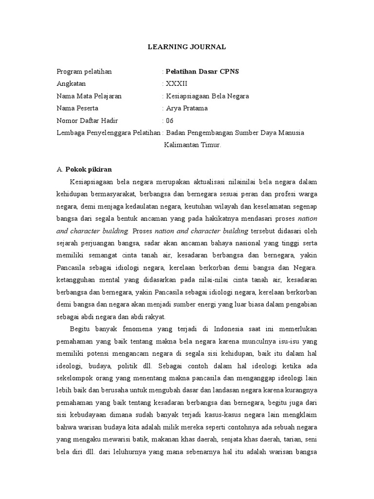 LearningJournal-Kesiapsiagaan Bela Negara-Arya Pratama | PDF