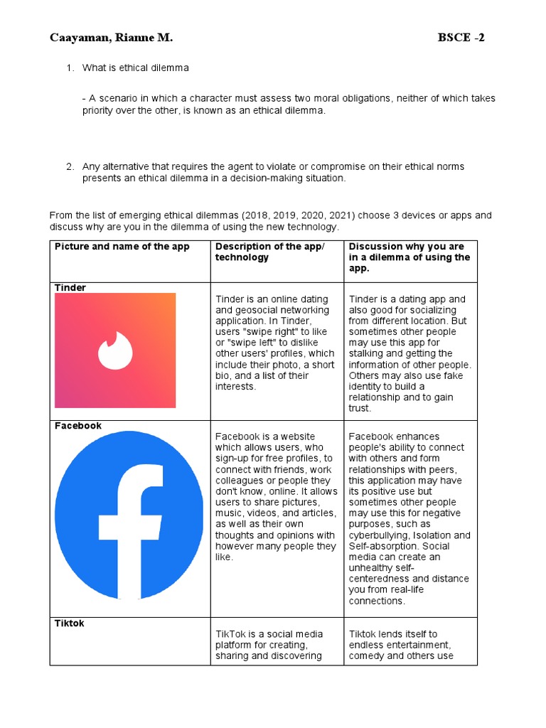 From The List of Emerging Ethical Dilemmas | PDF | Tinder (App) | Facebook