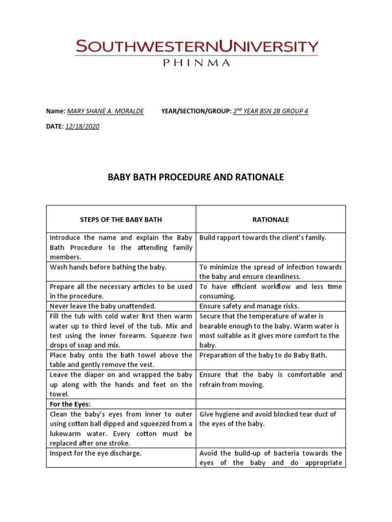 Infant Bath Procedure and Rationale | PDF | Hygiene | Bathing