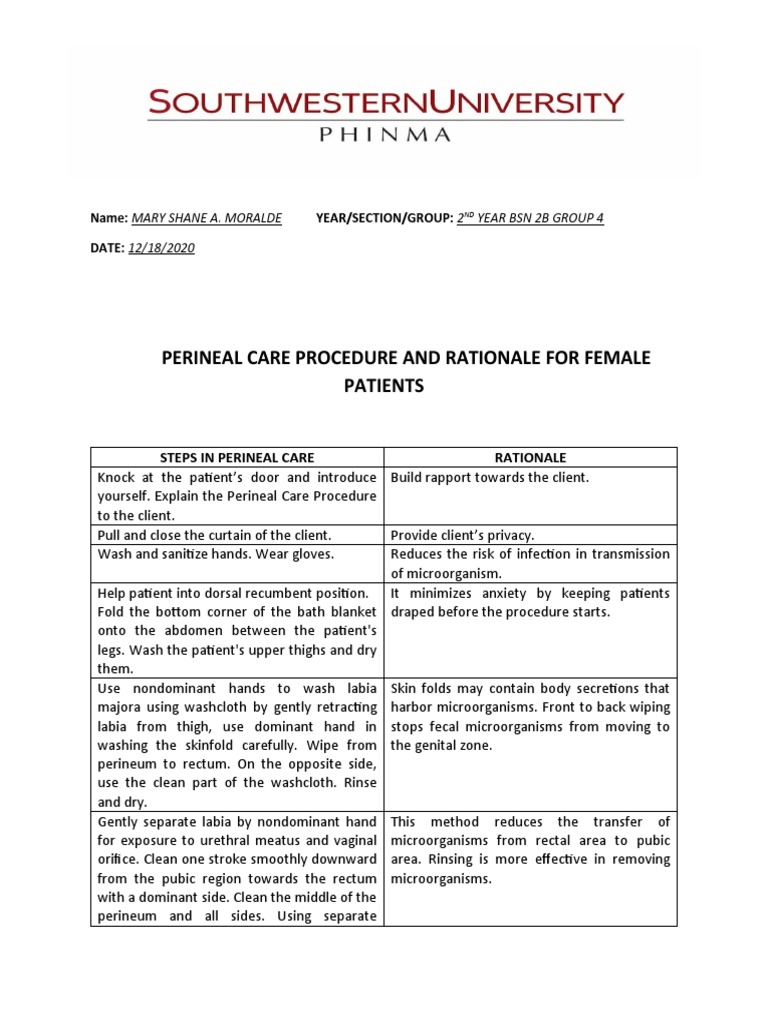 Perineal Care Steps and Rationale | PDF