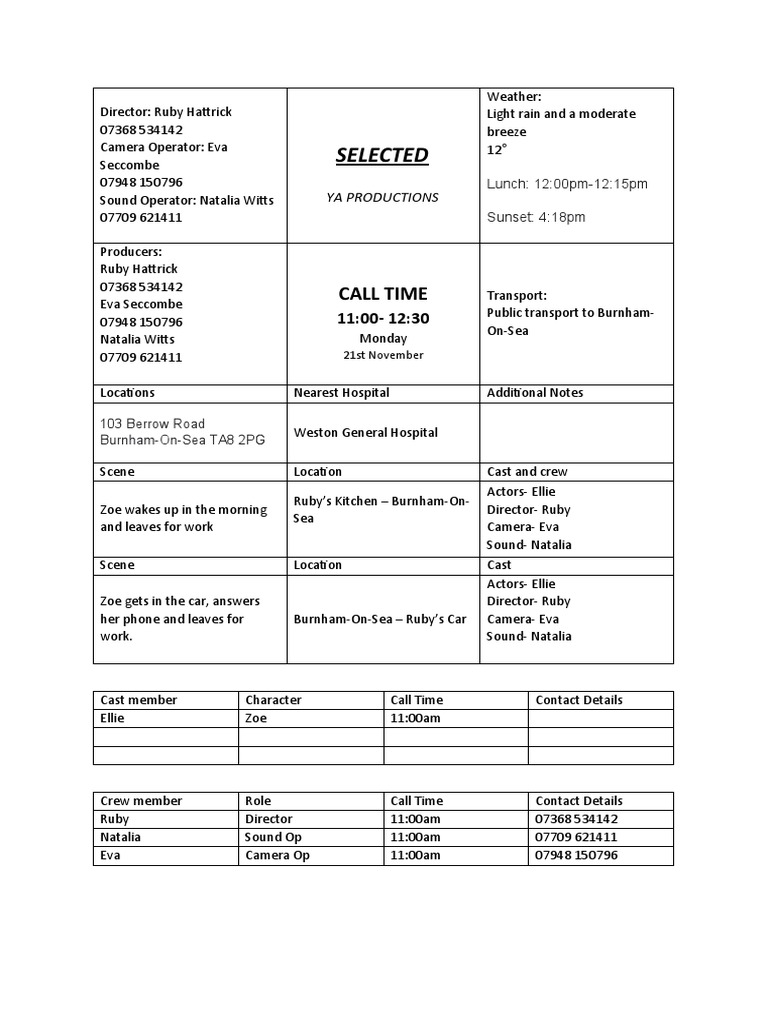Call Sheet For 21st November | PDF