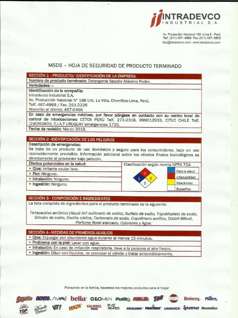Hoja de Seguridad-DETERGENTE SAPOLIO X KG. | PDF