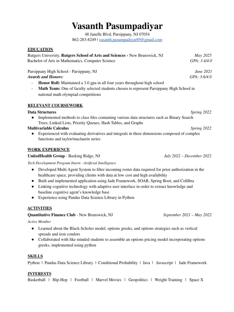Vasanth Pasumpadiyar Resume | PDF | Option (Finance) | Python (Programming Language)
