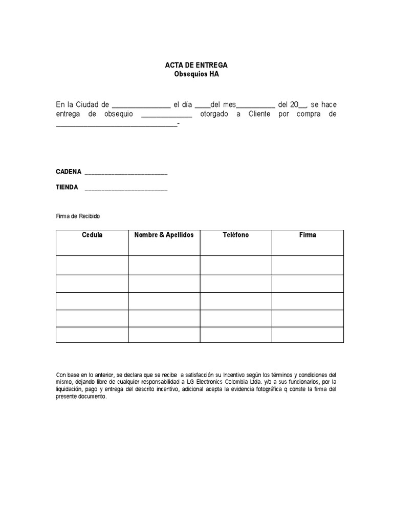 Acta de Entrega Obsequios HA | PDF