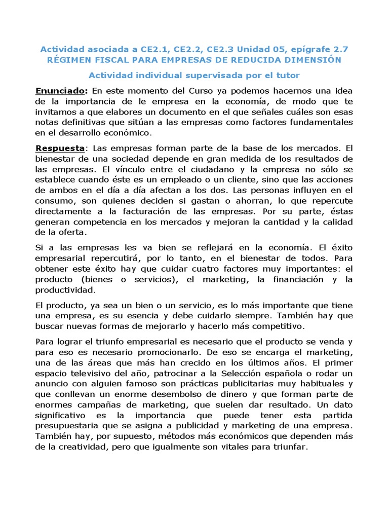 Actividad asociada a CE2.1, CE2.2, CE2.3 Unidad 05, epígrafe 2.7 Importancia de la Empresa en la ...