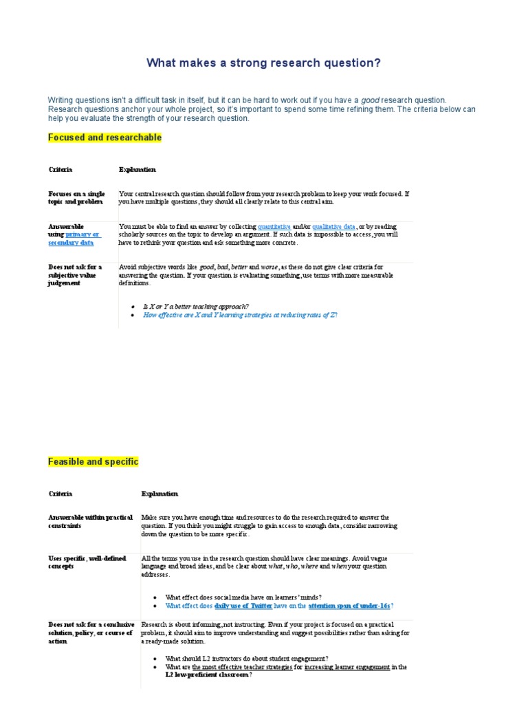 Criteria for Strong Research Questions | PDF | Cognition | Learning