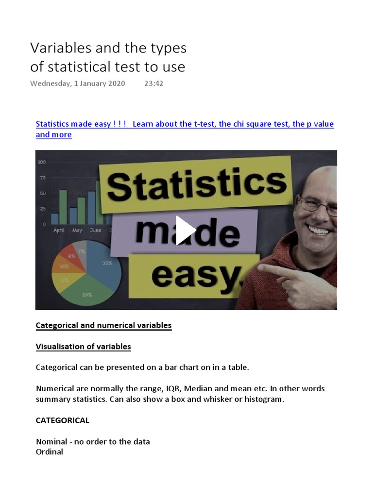 Variables and The Types of Statistical Test To Use | PDF | Teaching ...