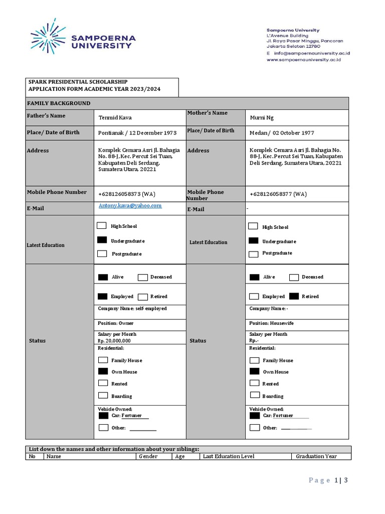 SPS Form - SPARK Presidential Scholarship | PDF