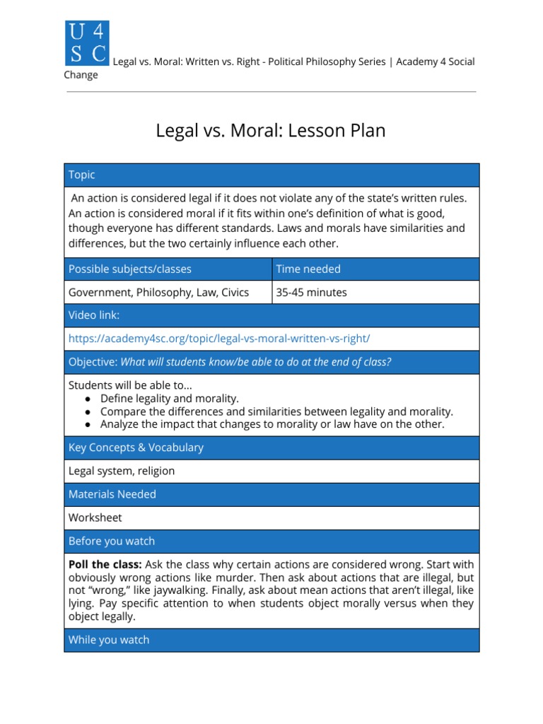 Legal vs. Moral Lesson | PDF | Morality | Social Institutions