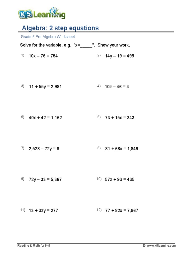 Grade 5 Two Step Equations A | PDF
