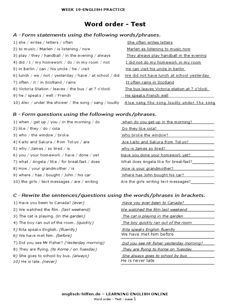 Word Order Practice Exercises | PDF | Linguistics