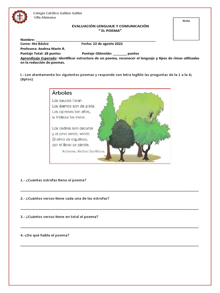 Evaluación Poema, Estructura, Lenguaje y Rimas | PDF