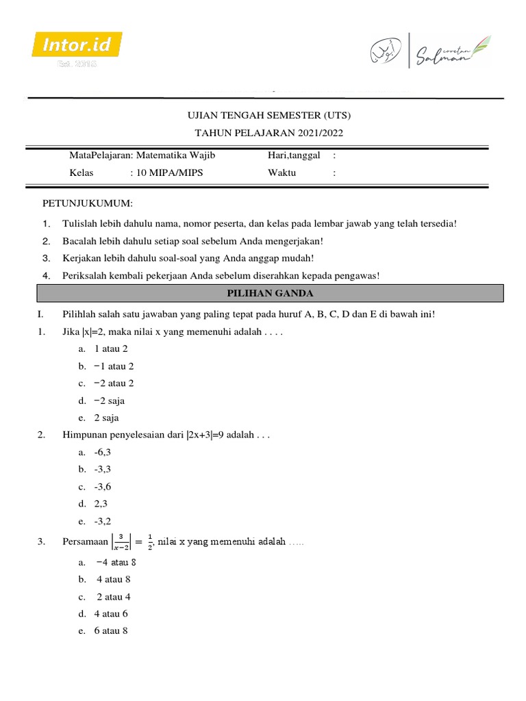 Latihan Soal Dan Pembahasan Uts Matemati Pdf