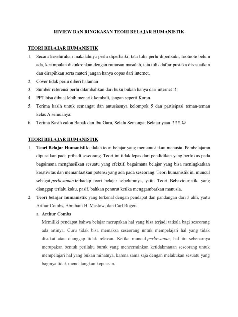 Riview Dan Ringkasan Teori Belajar Humanistik | PDF