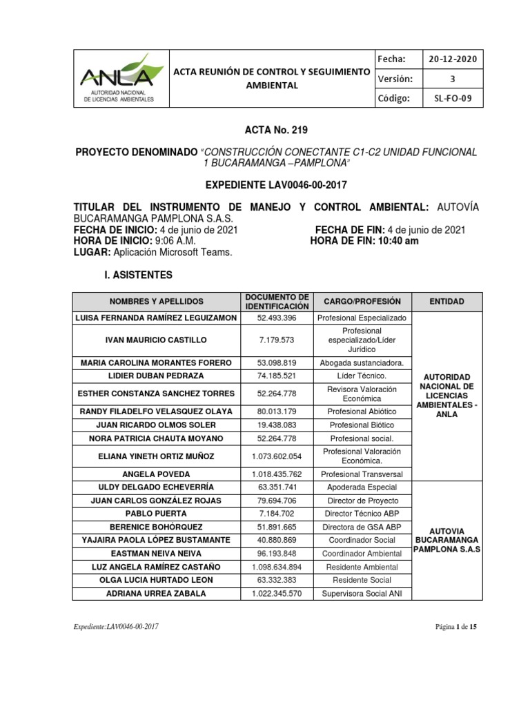Acta Control Ambiental Bucaramanga-Pamplona | PDF
