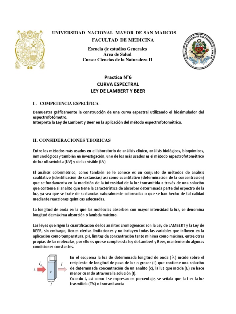 Practica N°6 Curva Espectral Ley de Lambert Y Beer | PDF | Ligero | Química