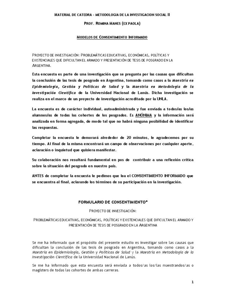 Modelos Consentimiento Informado | PDF | Investigación social | Cuestionario