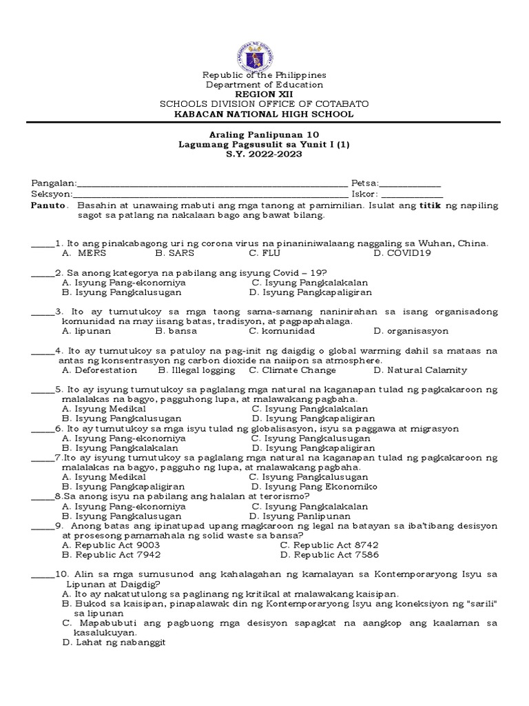 Ap10 Summative Test I | PDF Ap10 Summative Test I | PDF