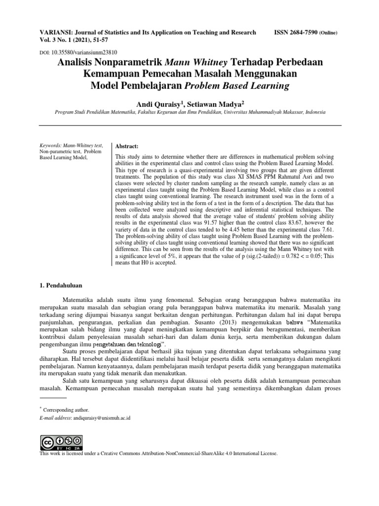 Differences in Mathematical Problem Solving Abilities Using Problem Based Learning and ...