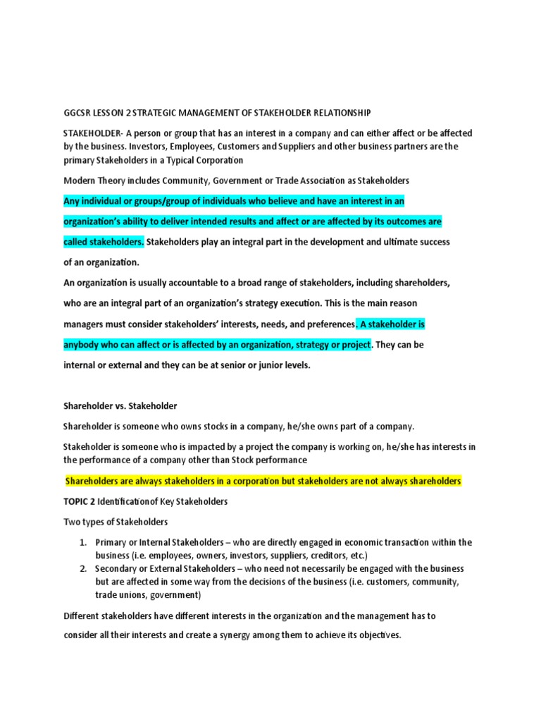 GGCSR Lesson 2 Strategic Management of Stakeholder Relationship | PDF ...