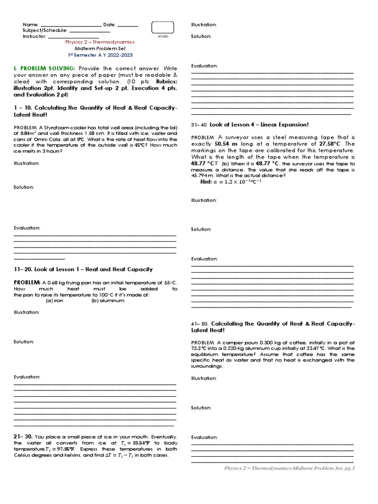 Midterm Problem Set Physics 2 Thermodynamics Pdf Heat Temperature