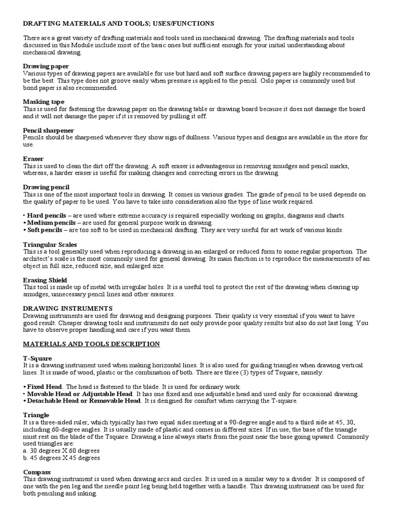 Drafting Materials And Tools Its Uses And Function