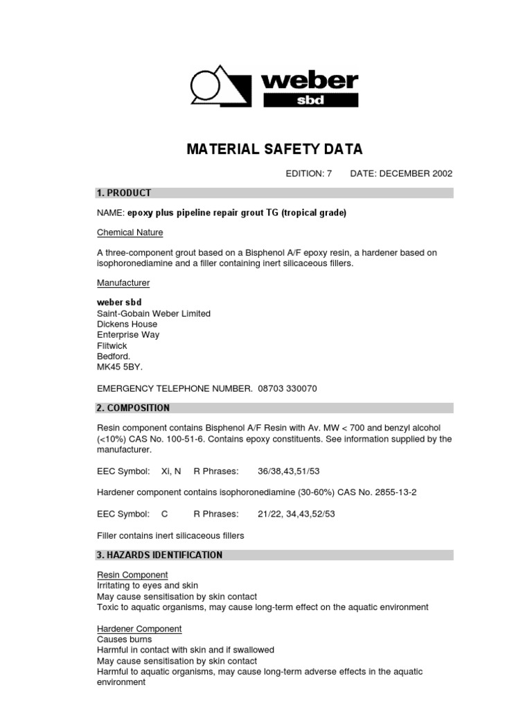 Epoxy Plus Pipeline Repai Grout TG_MSDS | Epoxy | Water