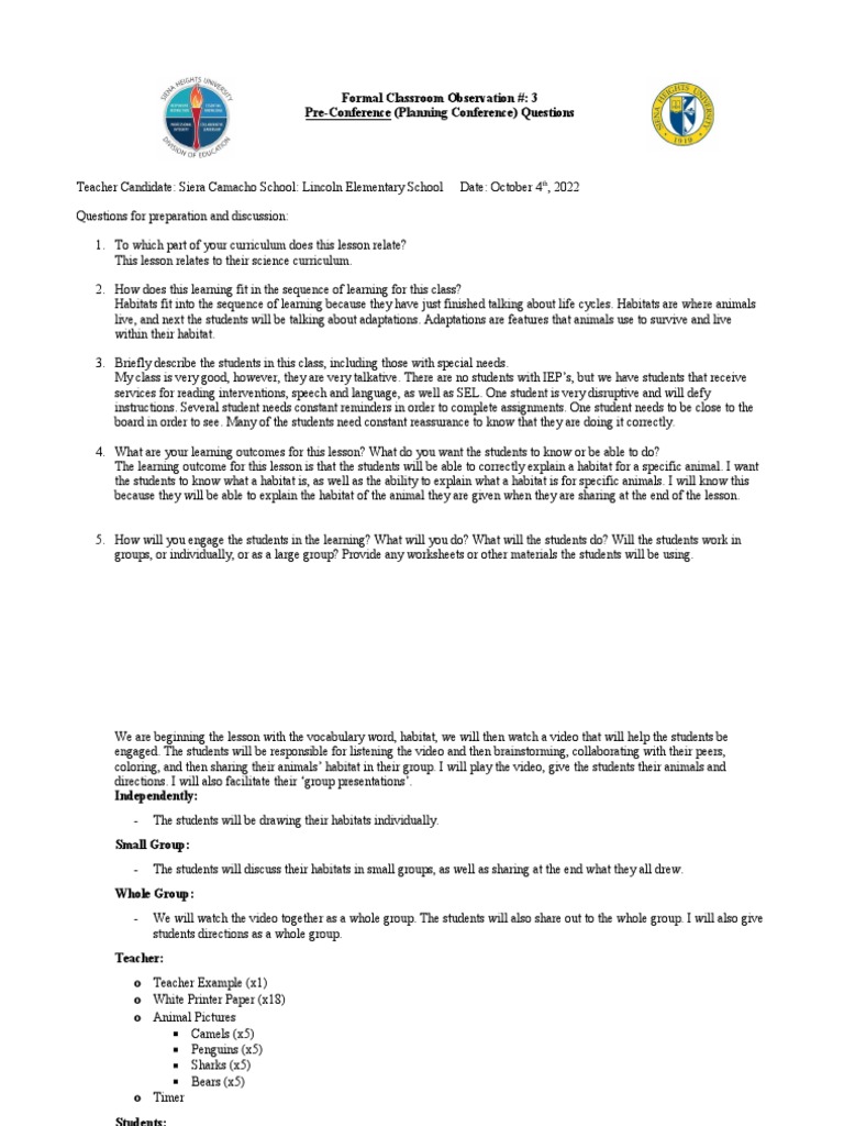 Preconference Questions Observation 3 | PDF | Curriculum | Learning