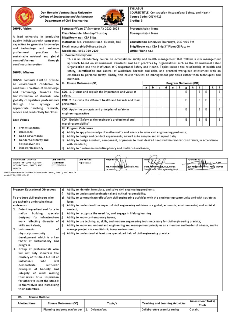 Syllabus OBE CDIO Format COSH 2022 MVISE | PDF | Occupational Safety And Health | Engineering