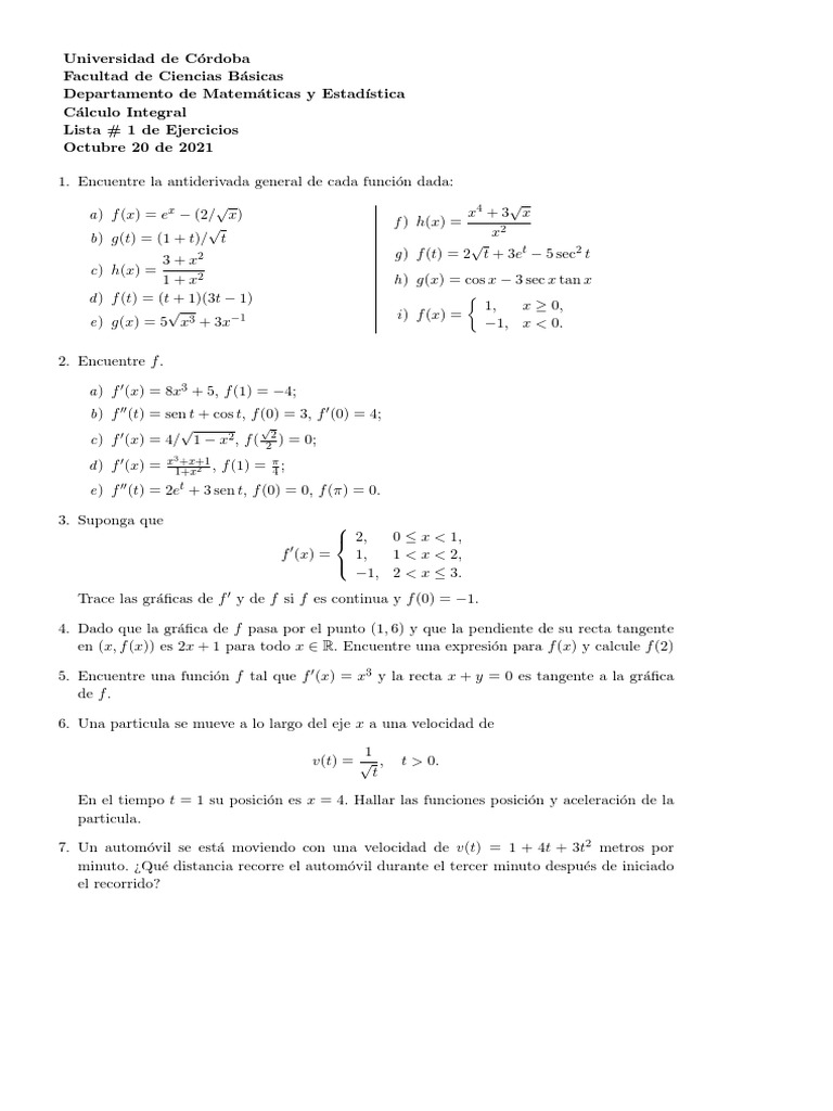 Lista # 1 de Ejercicios - Cálculo Integral | Descargar gratis PDF | Velocidad | Objetos matemáticos