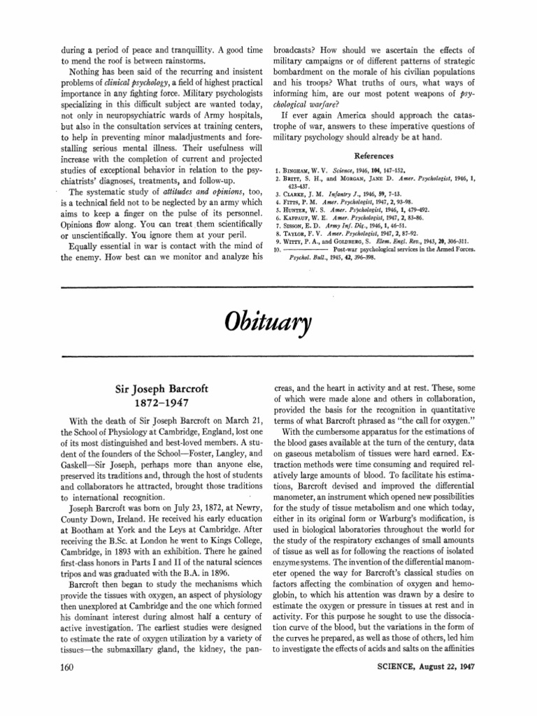 Sir Joseph Barcroft Obituario DHBarron Science1947 | PDF | Hemoglobin ...