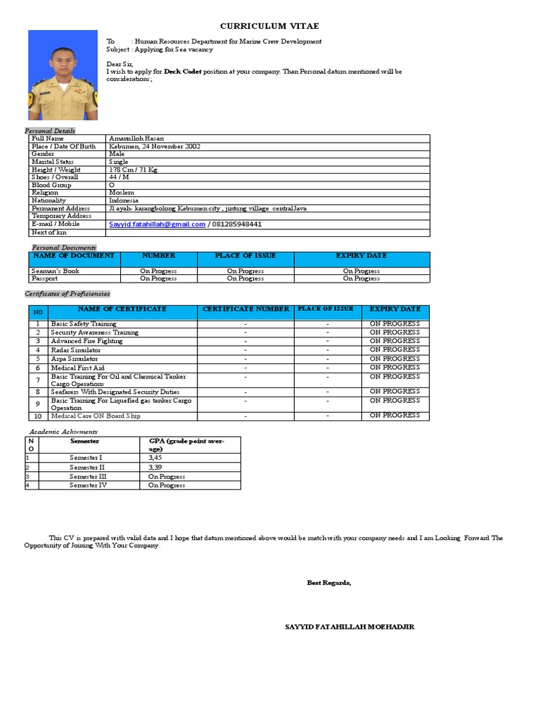 CV Sayyid Fatahillah M | PDF | Sailor | Shipping
