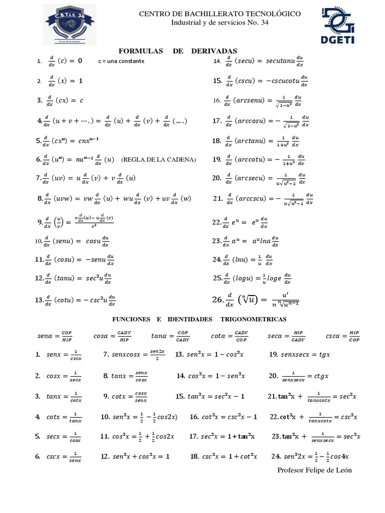 01 FORMULARIO Derivadas e Integrales CBTis 34 (2022) | PDF