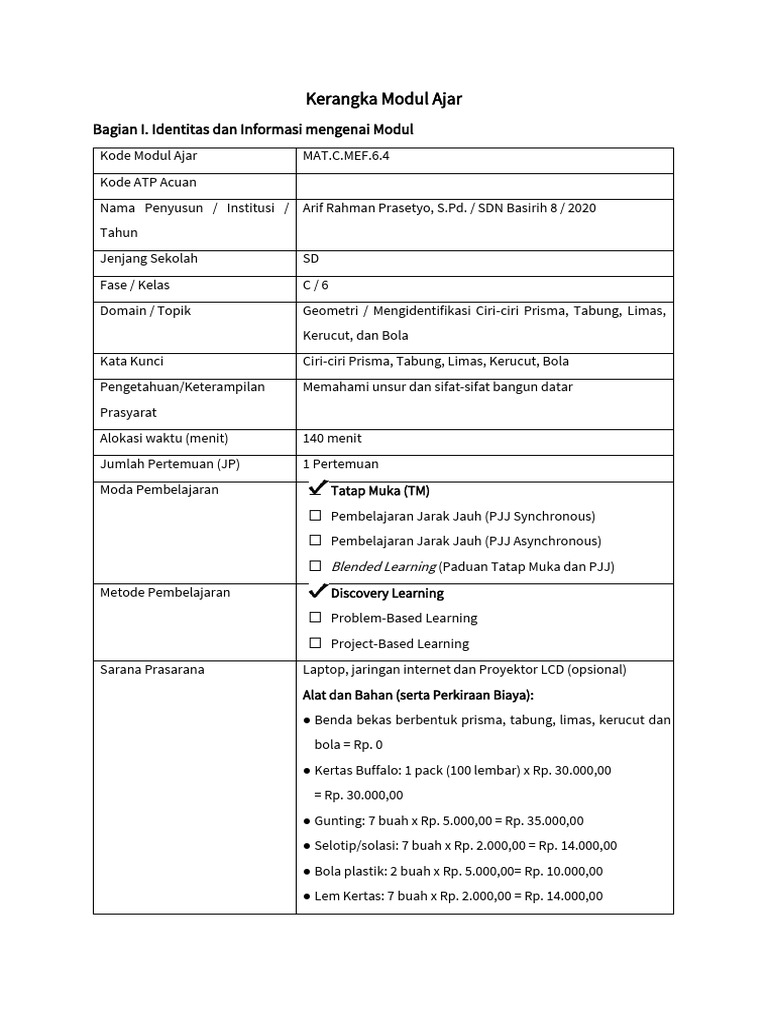 Modul Ajar Matematika - Mengidentifikasi Ciri-Ciri Prisma, Tabung, Limas, Kerucut, Bola - Fase C ...