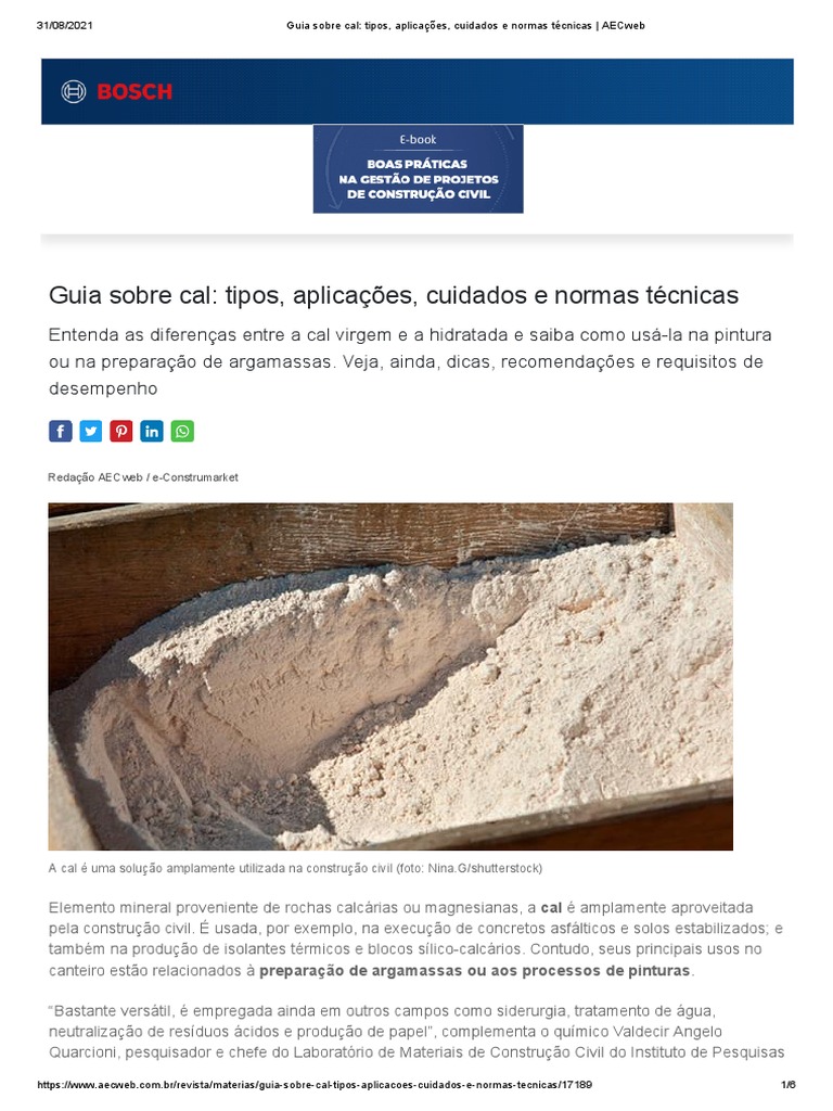 Guia Sobre Cal - Tipos, Aplicações, Cuidados e Normas Técnicas - AECweb ...