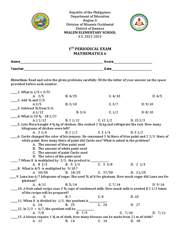 1st Periodical Exam in Math 6 | PDF | Multiplication | Subtraction