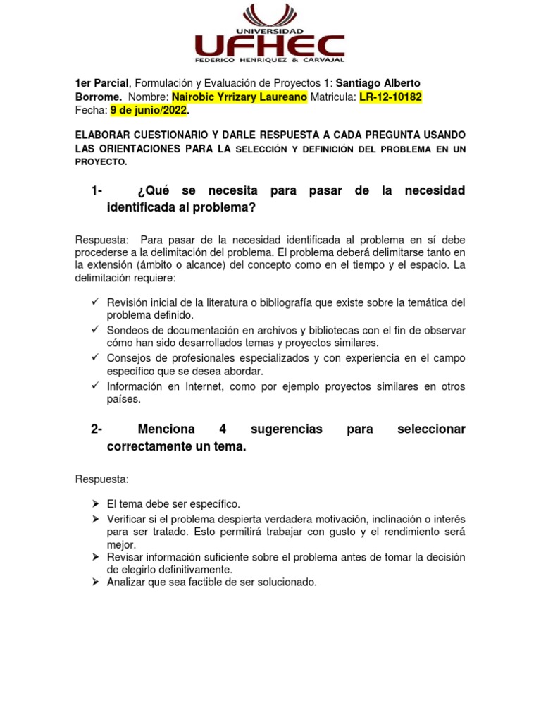 1er Parcial, Formulación y Evaluación de Proyectos 1 | PDF | Cognición | Ciencia cognitiva