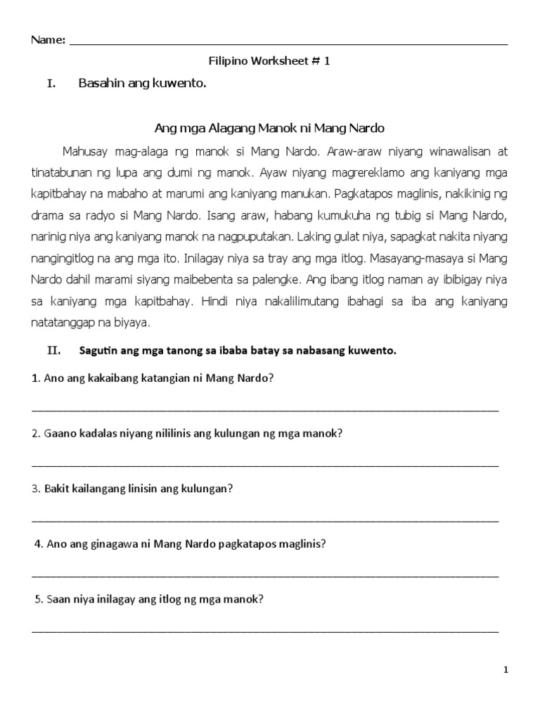 Filipino Worksheet-2nd | PDF
