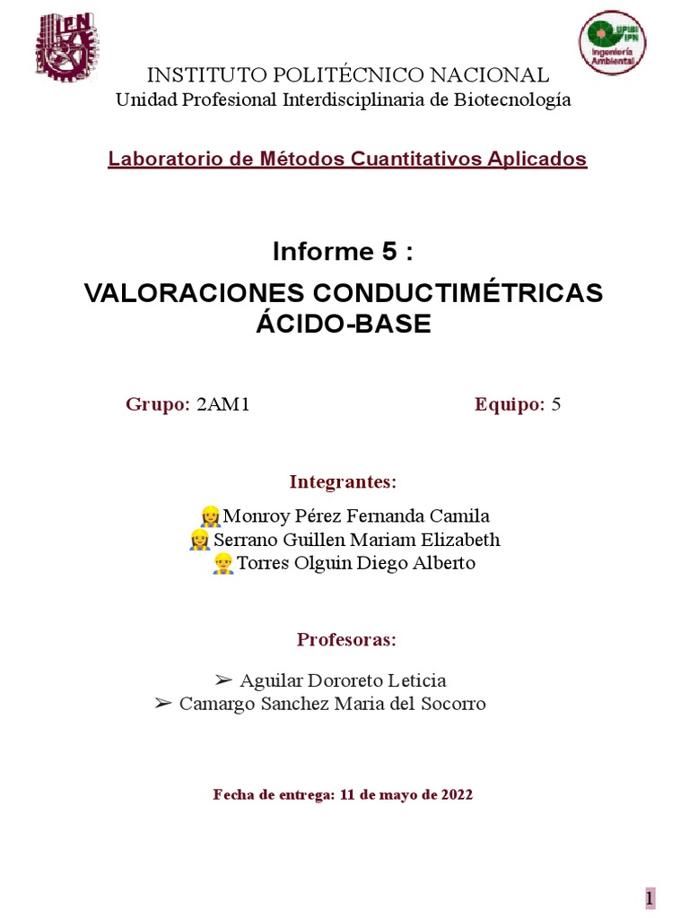 Informe 5 - Valoraciones Conducmétricas Ácido-Base | PDF | Química | Valoración