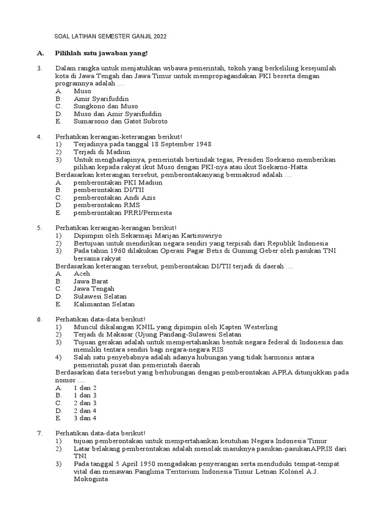 Soal Latihan Sej - Wajib KLS 12 - Ganjil 2022 | PDF