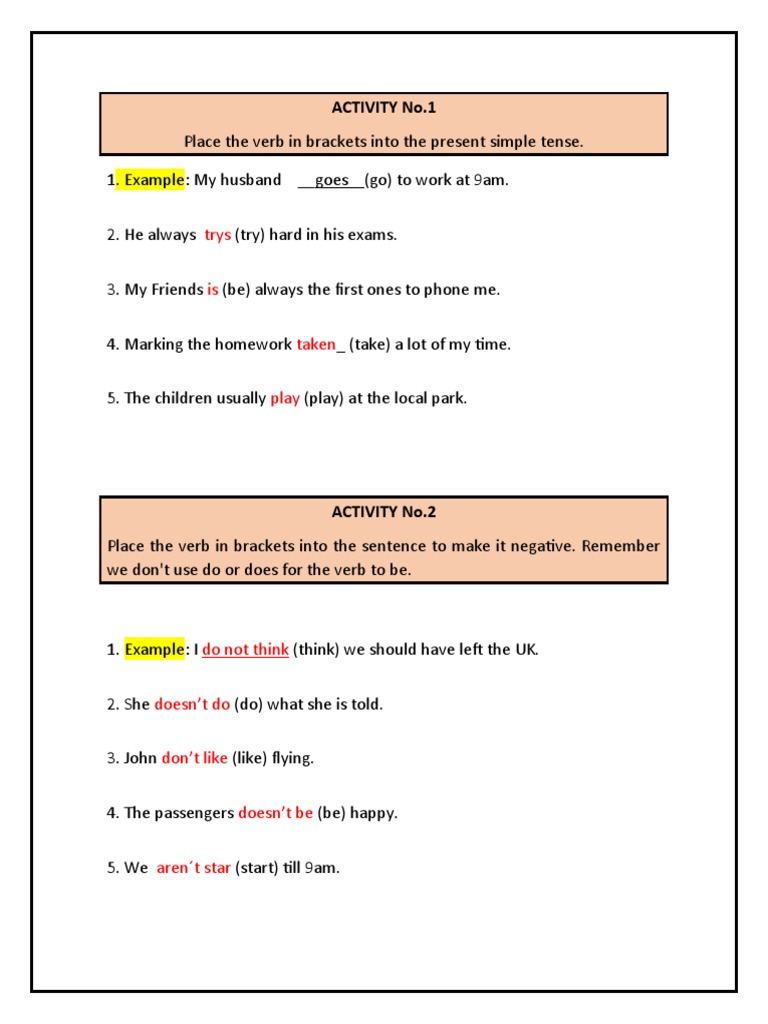 Activity Present Simple | PDF