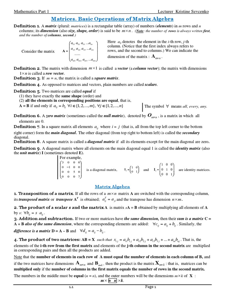 1 - 01 Matrices Basic Operations With Answers | PDF | Matrix ...